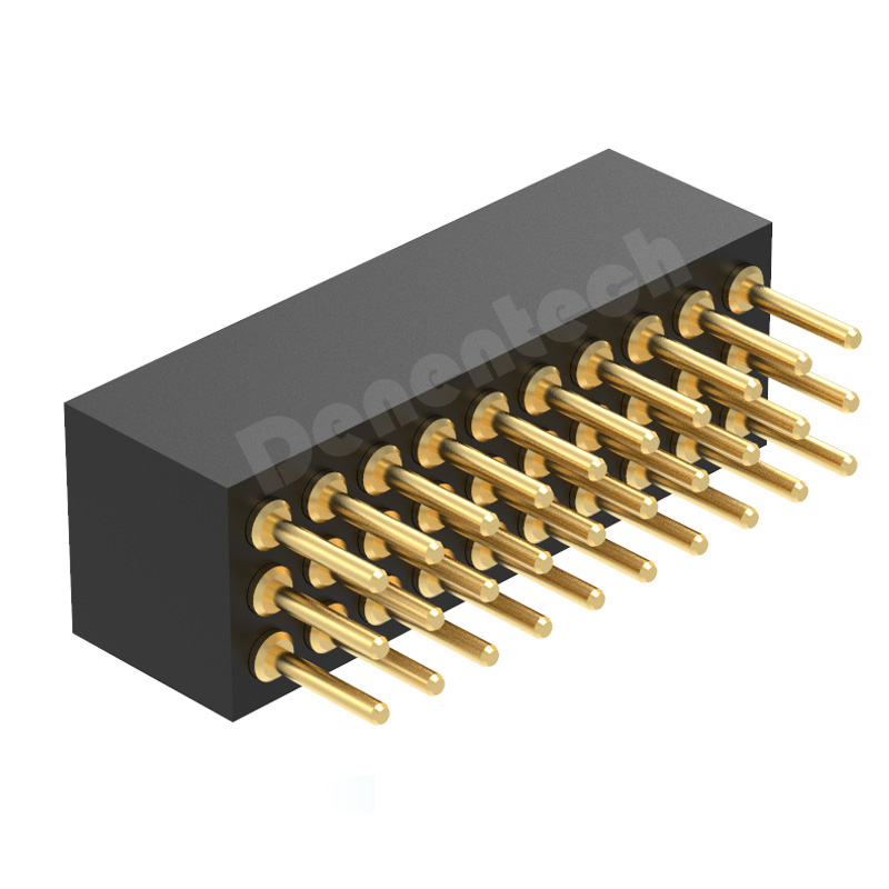 Denentech德能电子1.27MM弹簧针塑高H4.0三排母座180度直插高质量凹面接触移动电源pogopin弹簧针 - 东莞市德能智恩电子科技有限公司